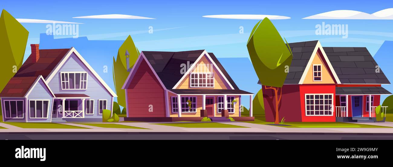 Suburban landscape with countryside house on street with yards and ...