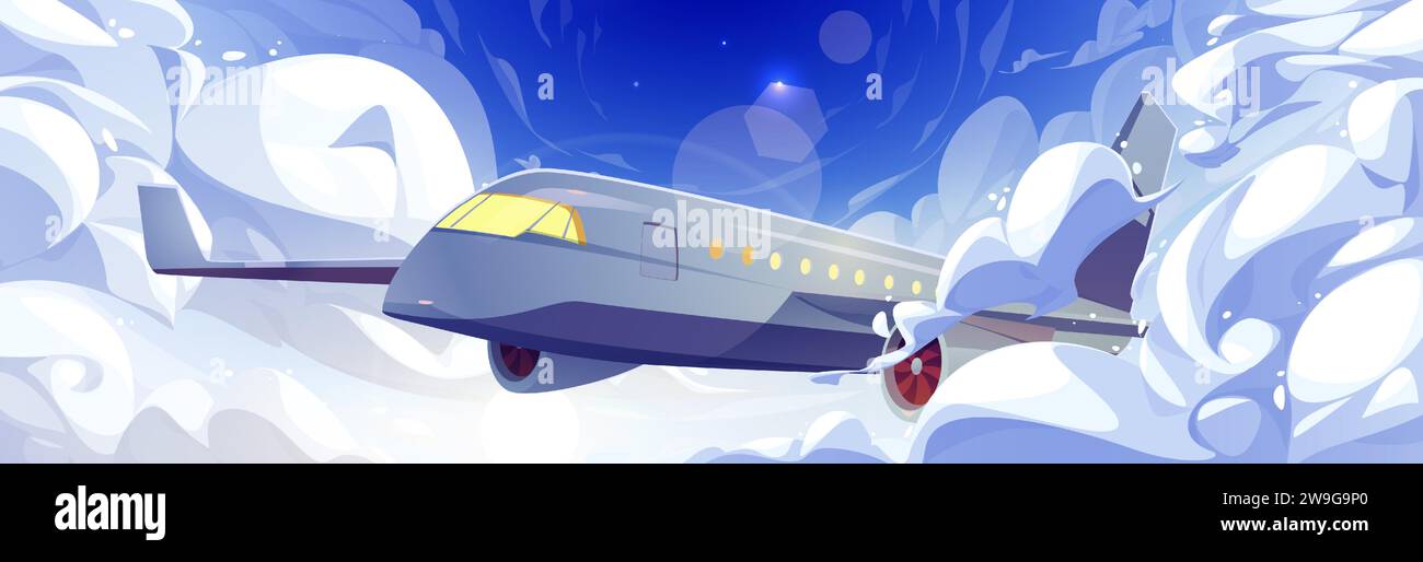 Passenger airplane flying high in sky above clouds against blue sky ...