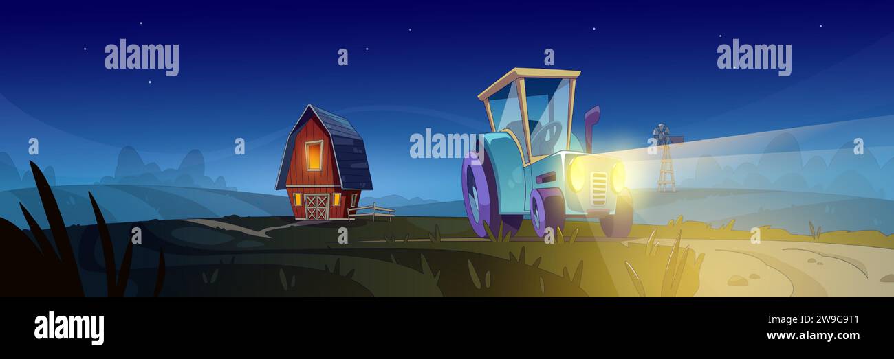 Cartoon night farm landscape with red wooden barn, tractor with turned ...