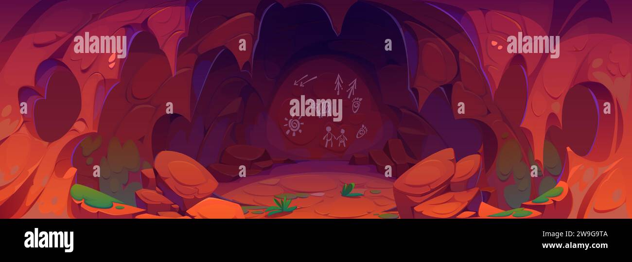 Prehistoric cave with caveman painting on stone walls. Cartoon vector ...