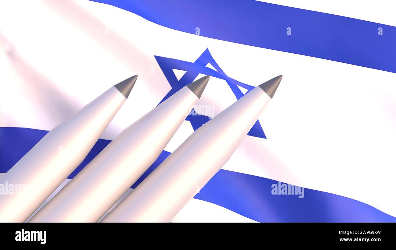Israeli military missiles against the background of the Israeli flag ...