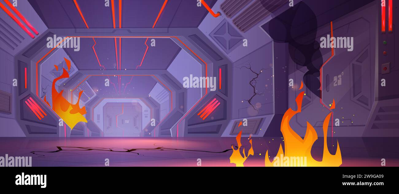 Space ship hall interior in fire and smoke. Cartoon vector illustration ...