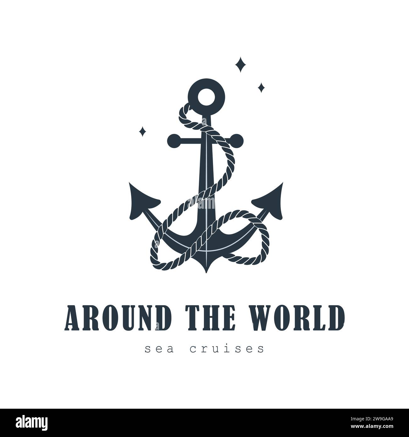 Around the world. Sea traveling logo with anchor icon. Maritime cruise ...