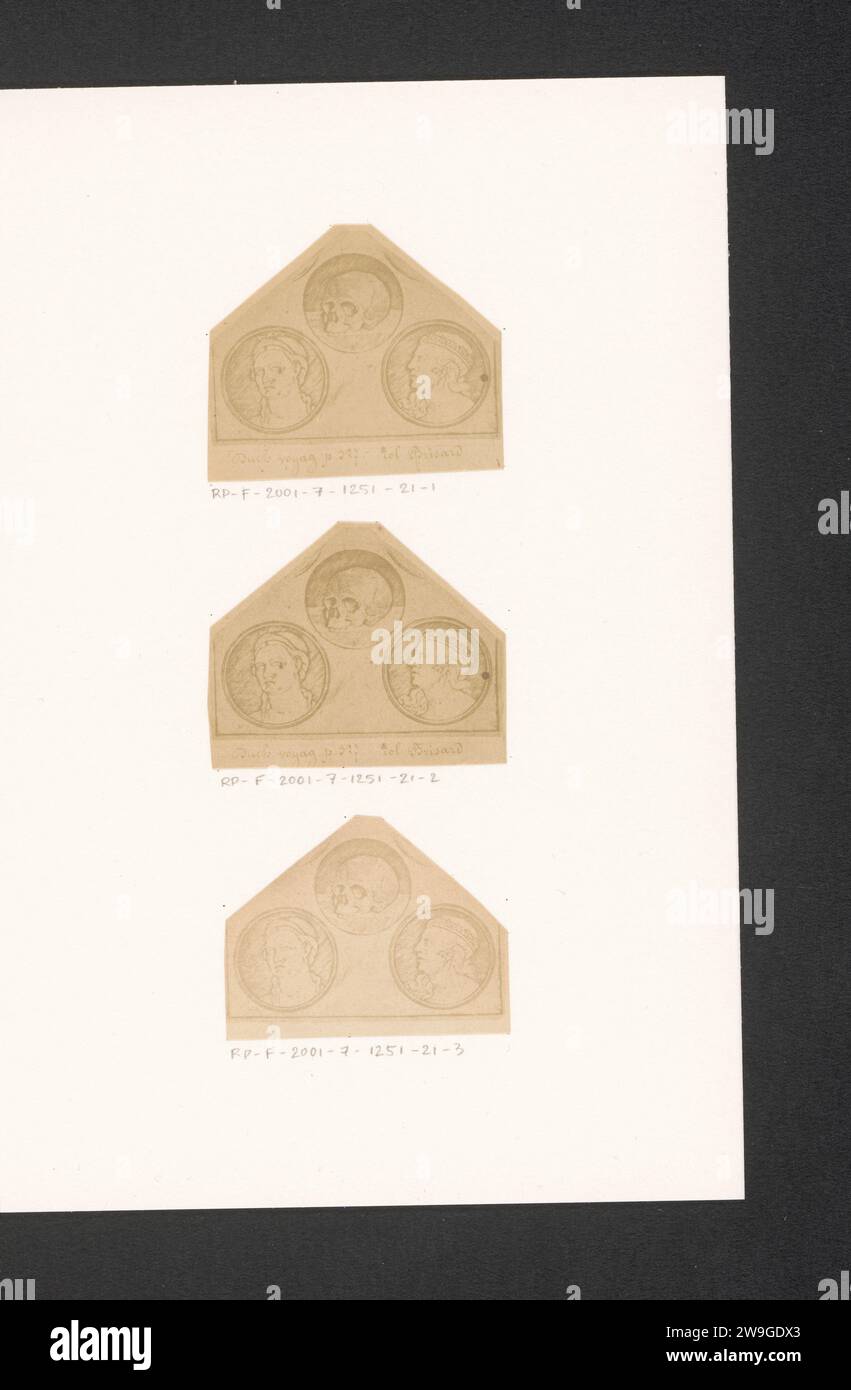 Photo production of three drawings, depicted two faces and a skull ...