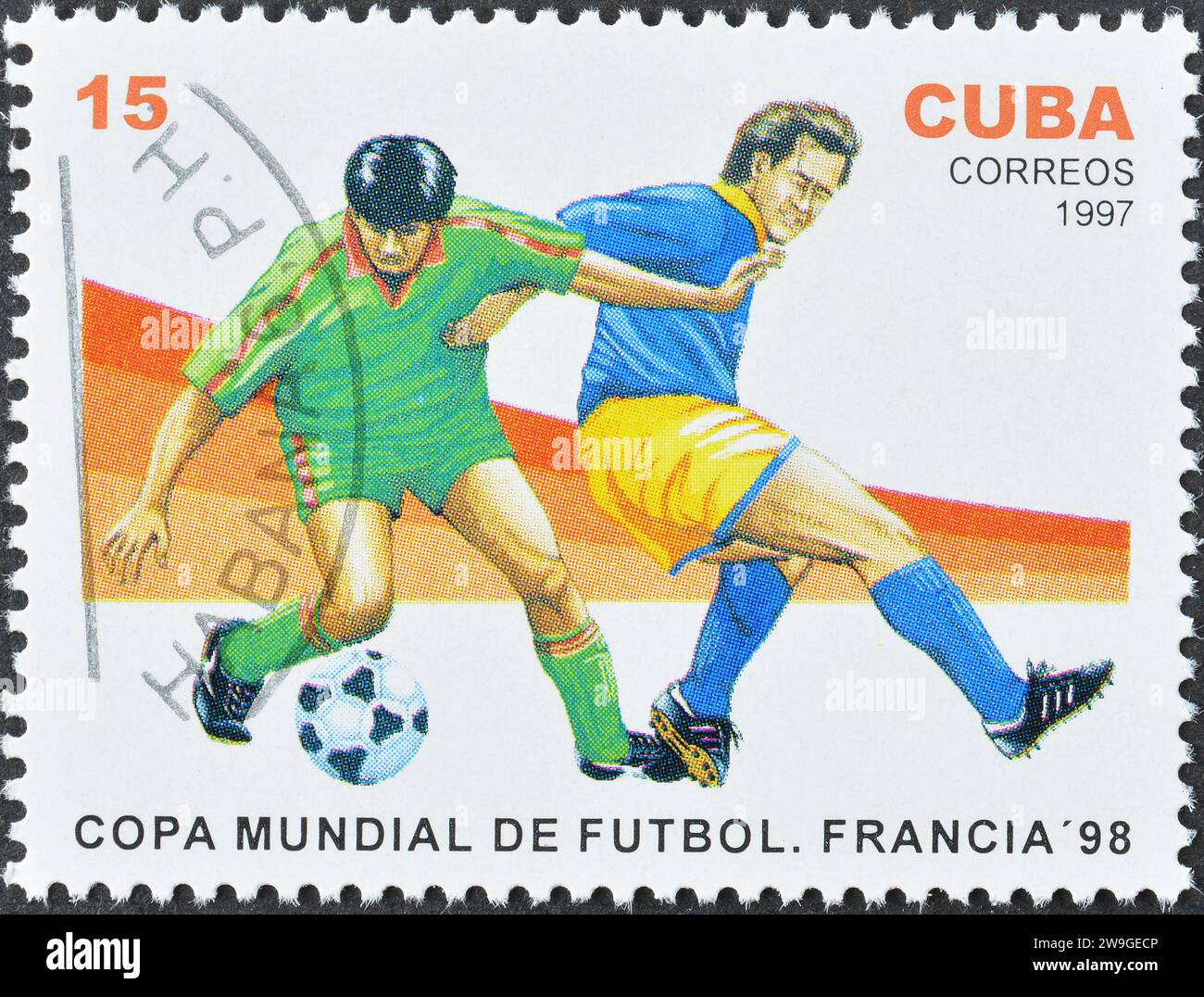 Cancelled postage stamp printed by Cuba, that shows Football, FIFA ...