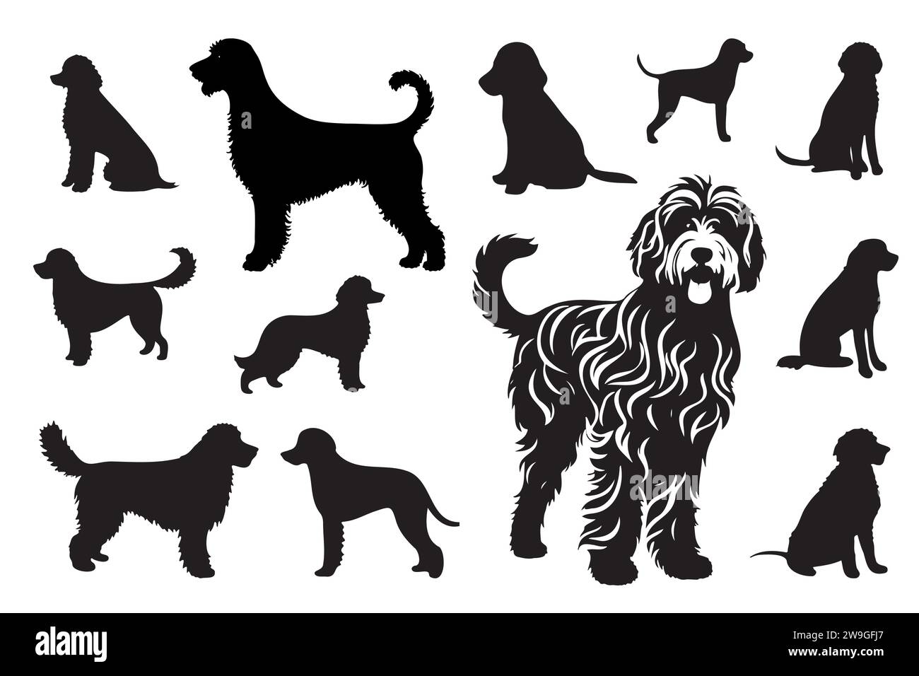 Collection of vector silhouette of dogs, from small to big. Symbol of ...