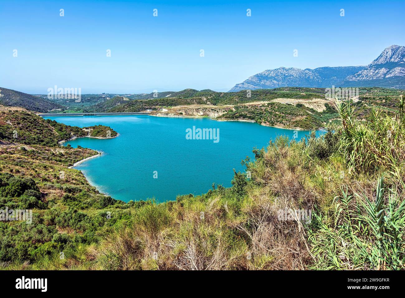 Christianoupolis dam water reservoir in Messenia, Greece. View of the ...