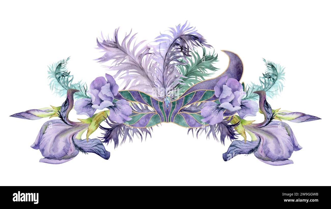 Hand drawn watercolor Mardi Gras carnival symbols. Theater masquerade ...