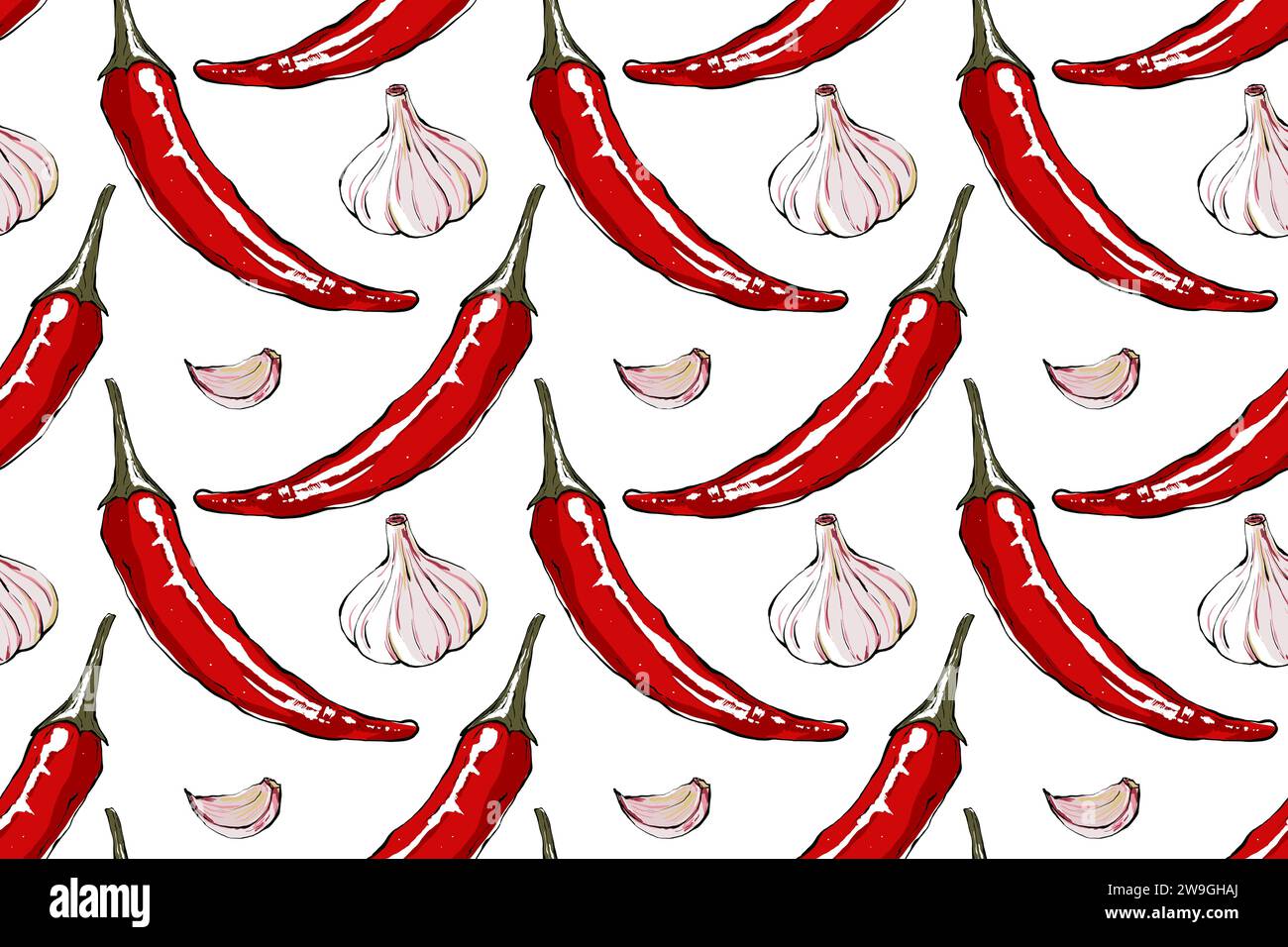 Food seamless pattern with aromatic red hot peppers and garlic ...