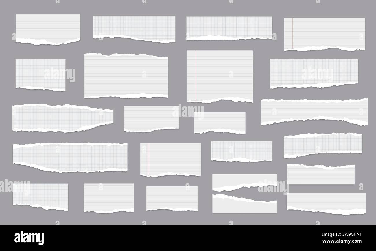 Set of torn, ripped white paper strips, lined, math notebook sheets ...
