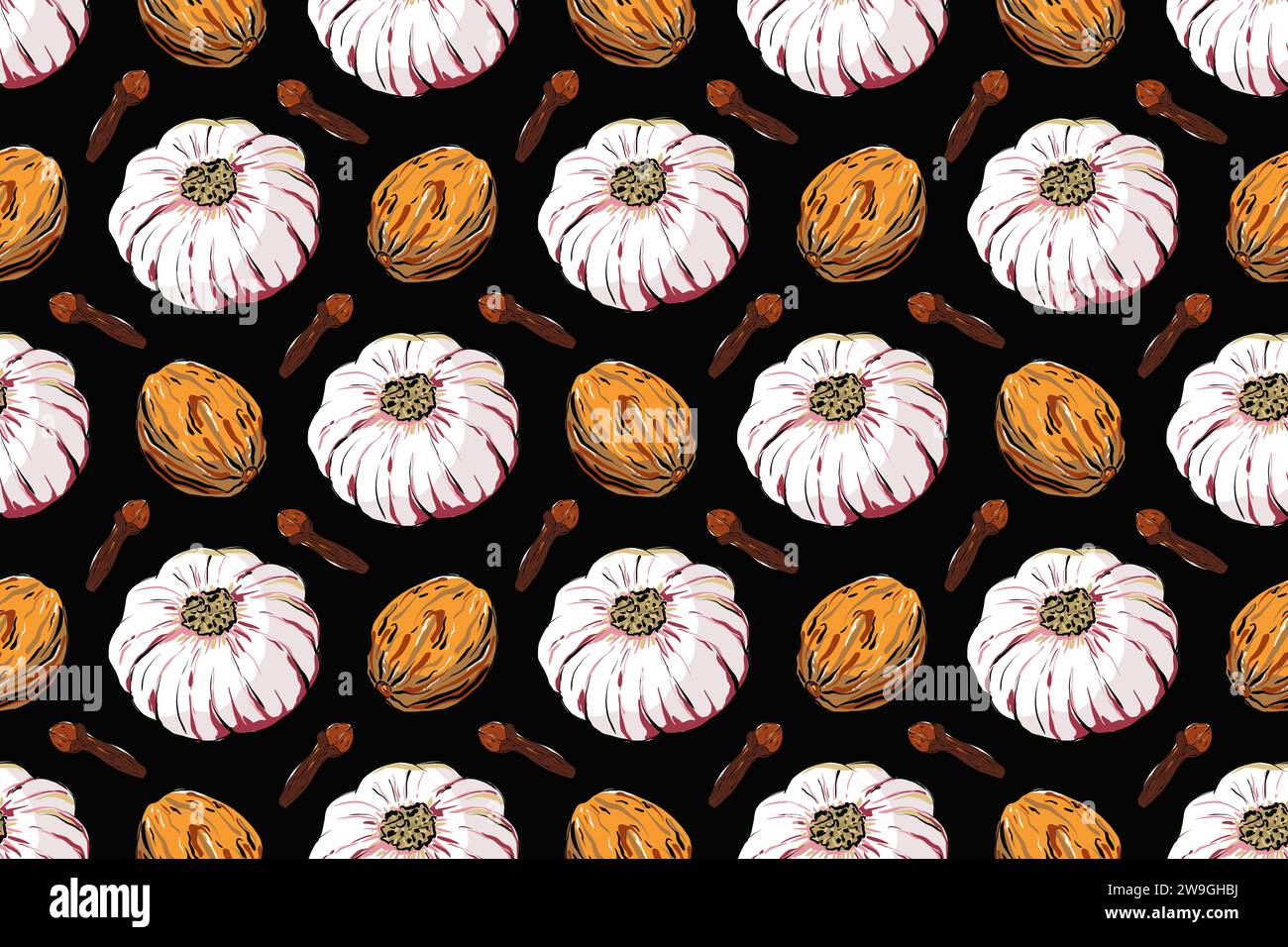 Food seamless pattern with aromatic red hot peppers and garlic ...