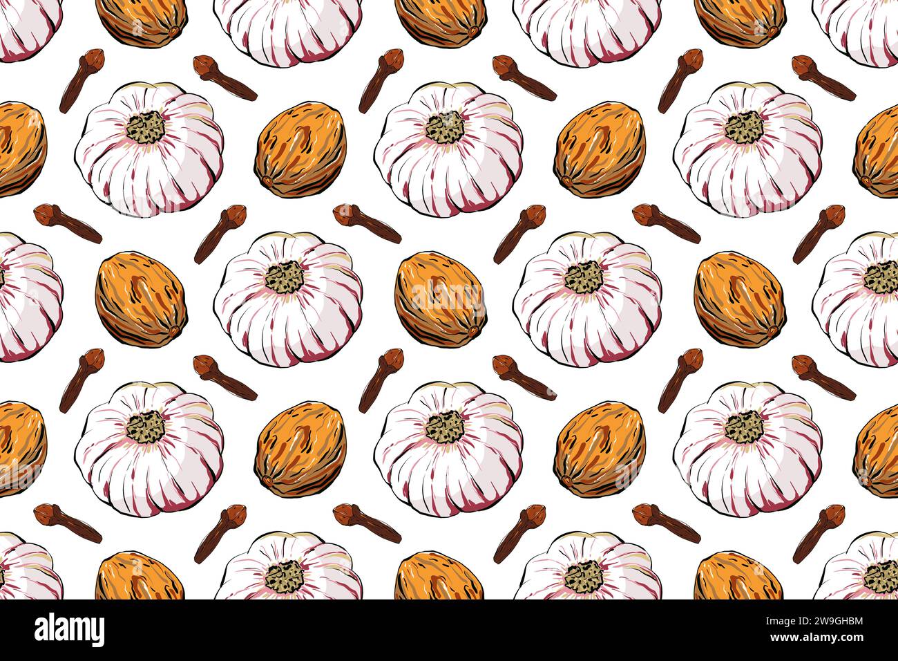 Food seamless pattern with aromatic red hot peppers and garlic ...