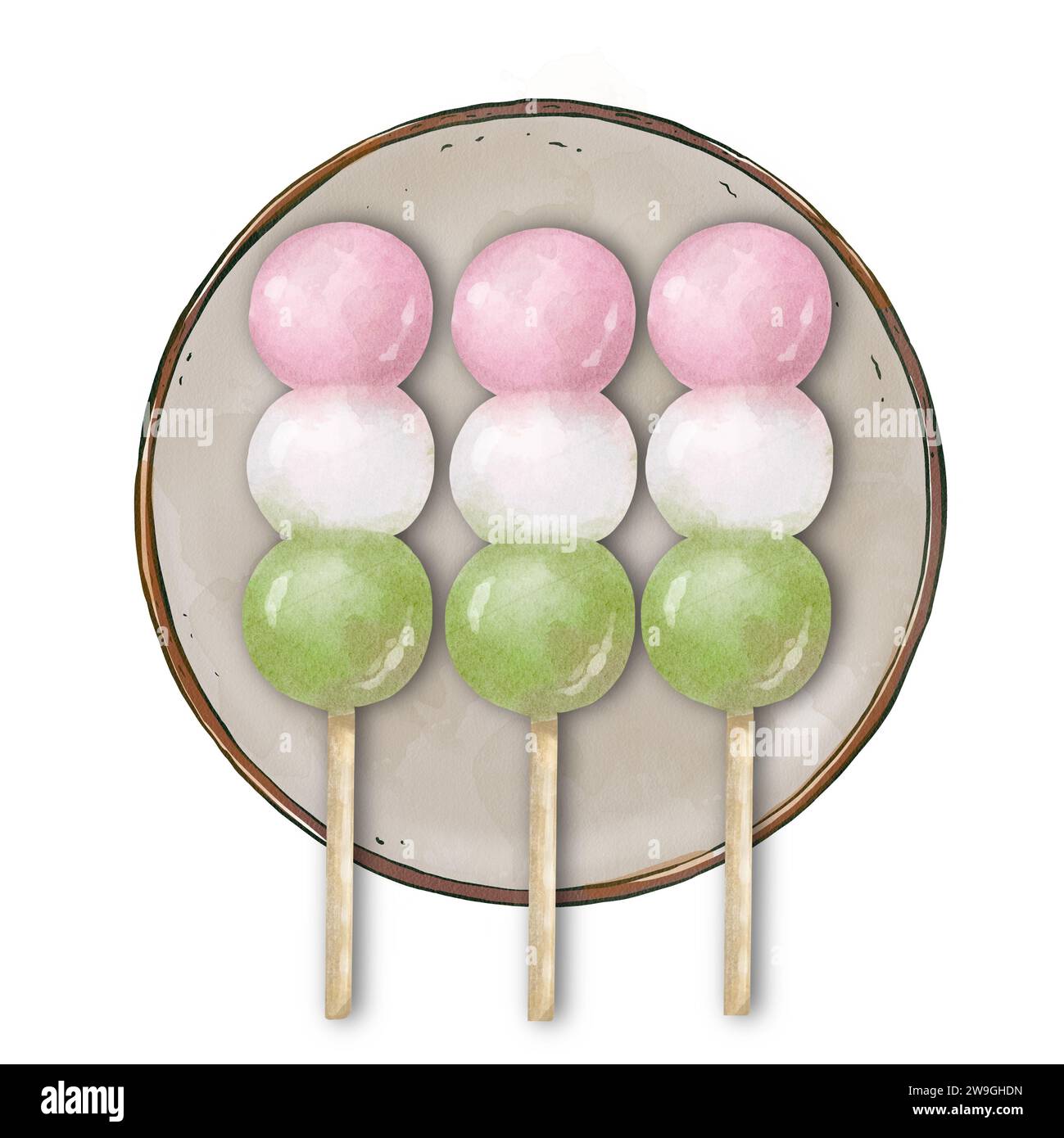 Traditional Japanese dessert dango on a ceramic plate. Hand drawn ...