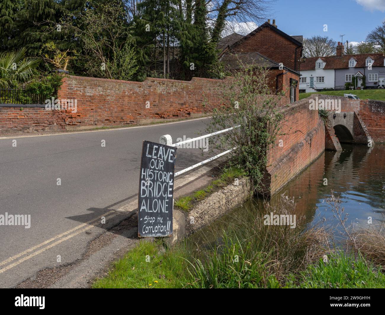 Leave Our Historic Bridge alone sign, Finchingfield, Essex, UK; a ...