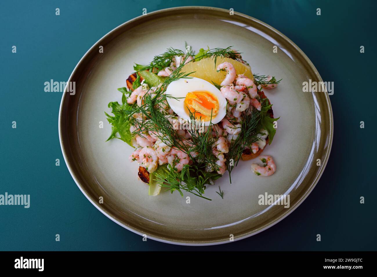 Traditional Scandinavian shrimp toast (toast Skagen) with dill, egg and ...