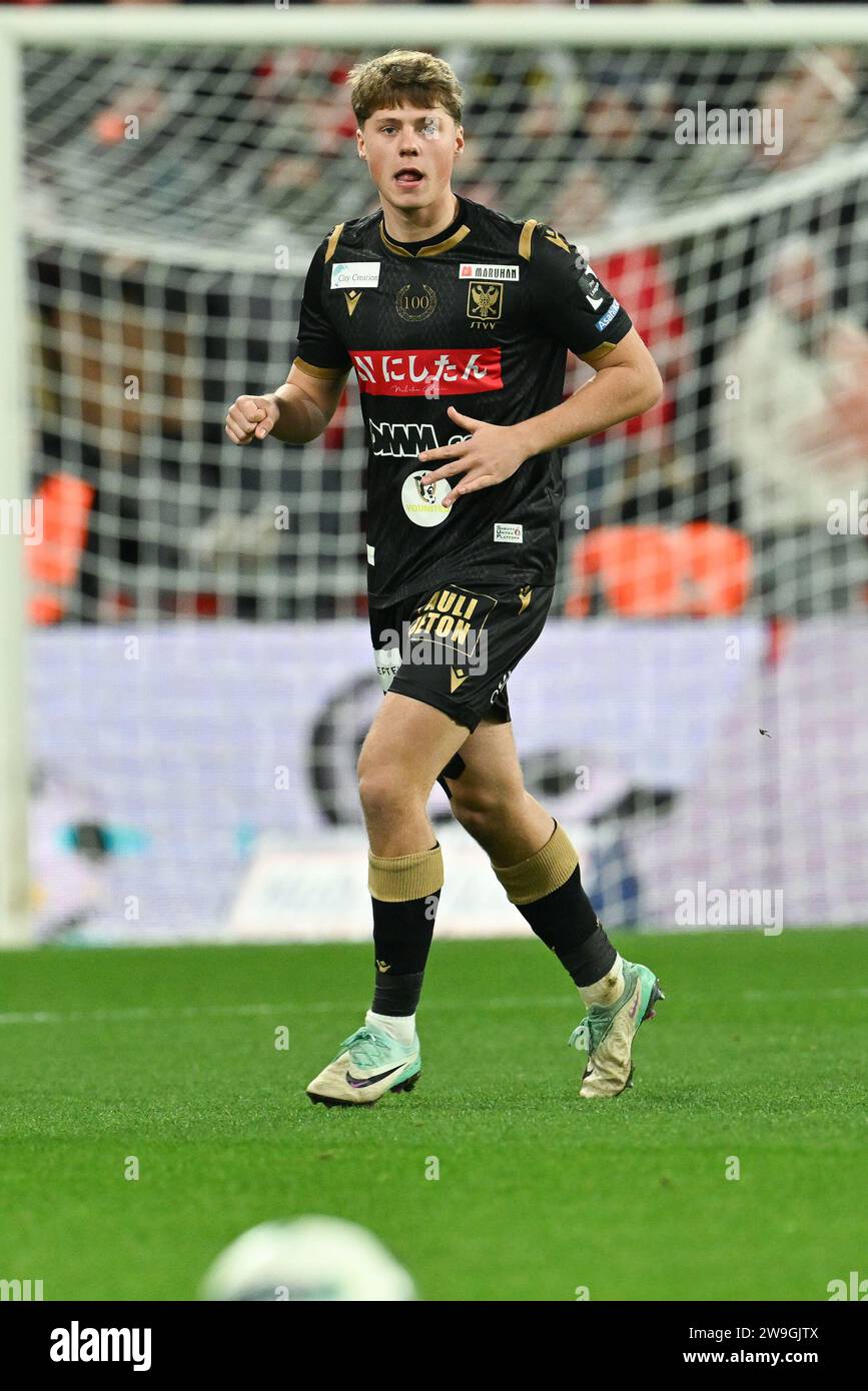 Liege, Belgium. 27th Dec, 2023. Rein Van Helden (20) of STVV pictured ...