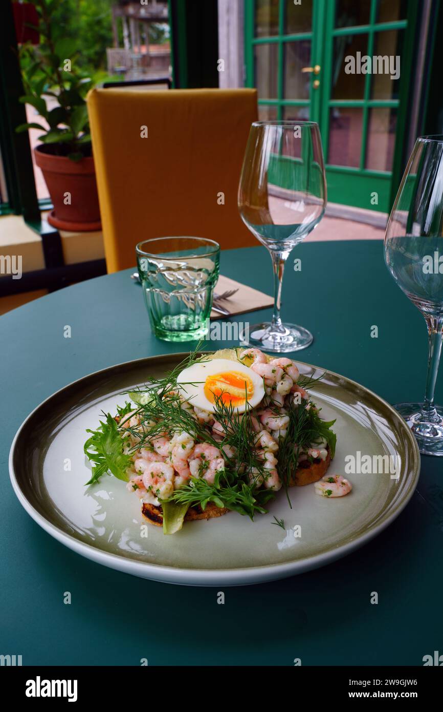 Traditional Scandinavian shrimp toast (toast Skagen) with dill, egg and ...