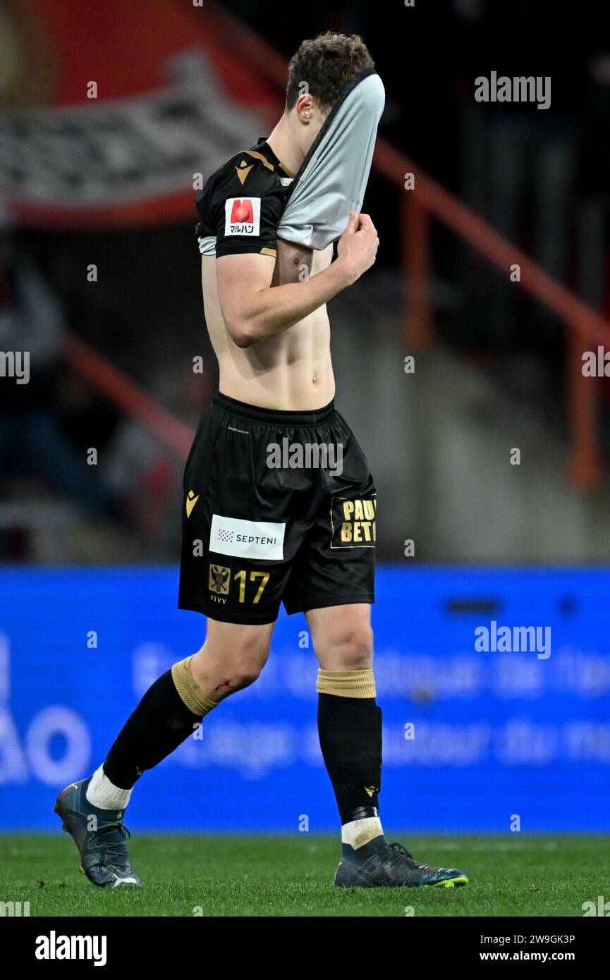Liege, Belgium. 27th Dec, 2023. Mathias Delorge Knieper (17) of STVV ...