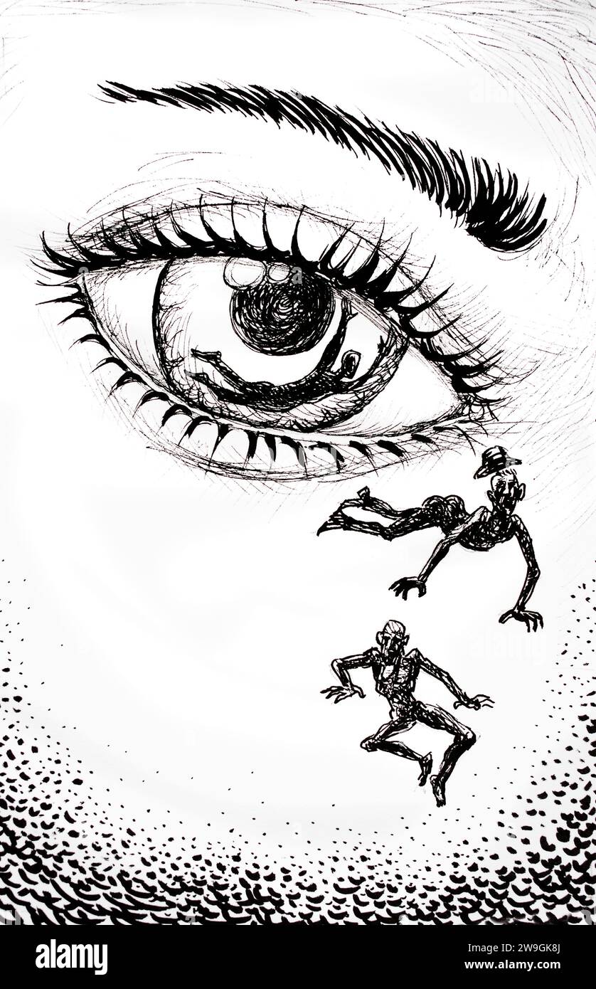 people falling from an eye Ink drawing judgment concept Stock Photo - Alamy