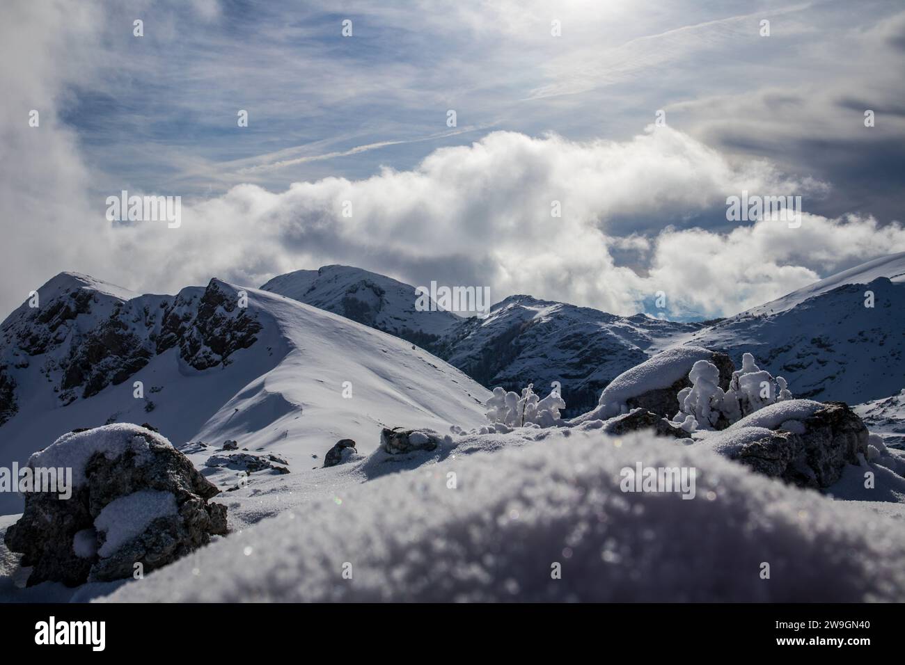 The beauty of untouched wilderness showcased in a panoramic mountain spectacle Stock Photo - Alamy