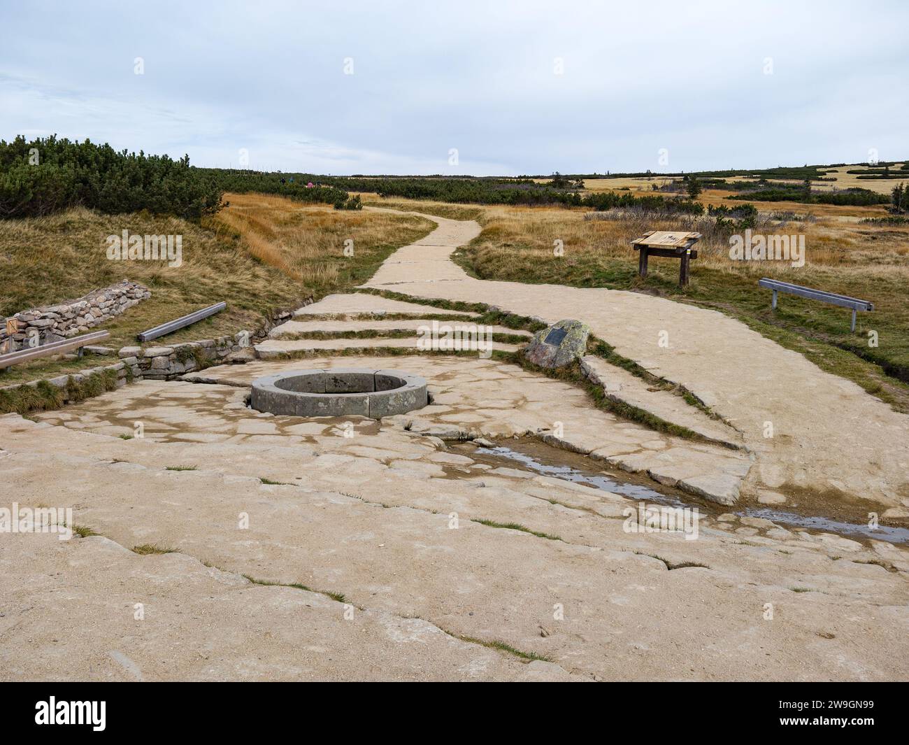 Riverhead of Elbe river in Giant mountains and coats of arms of towns ...