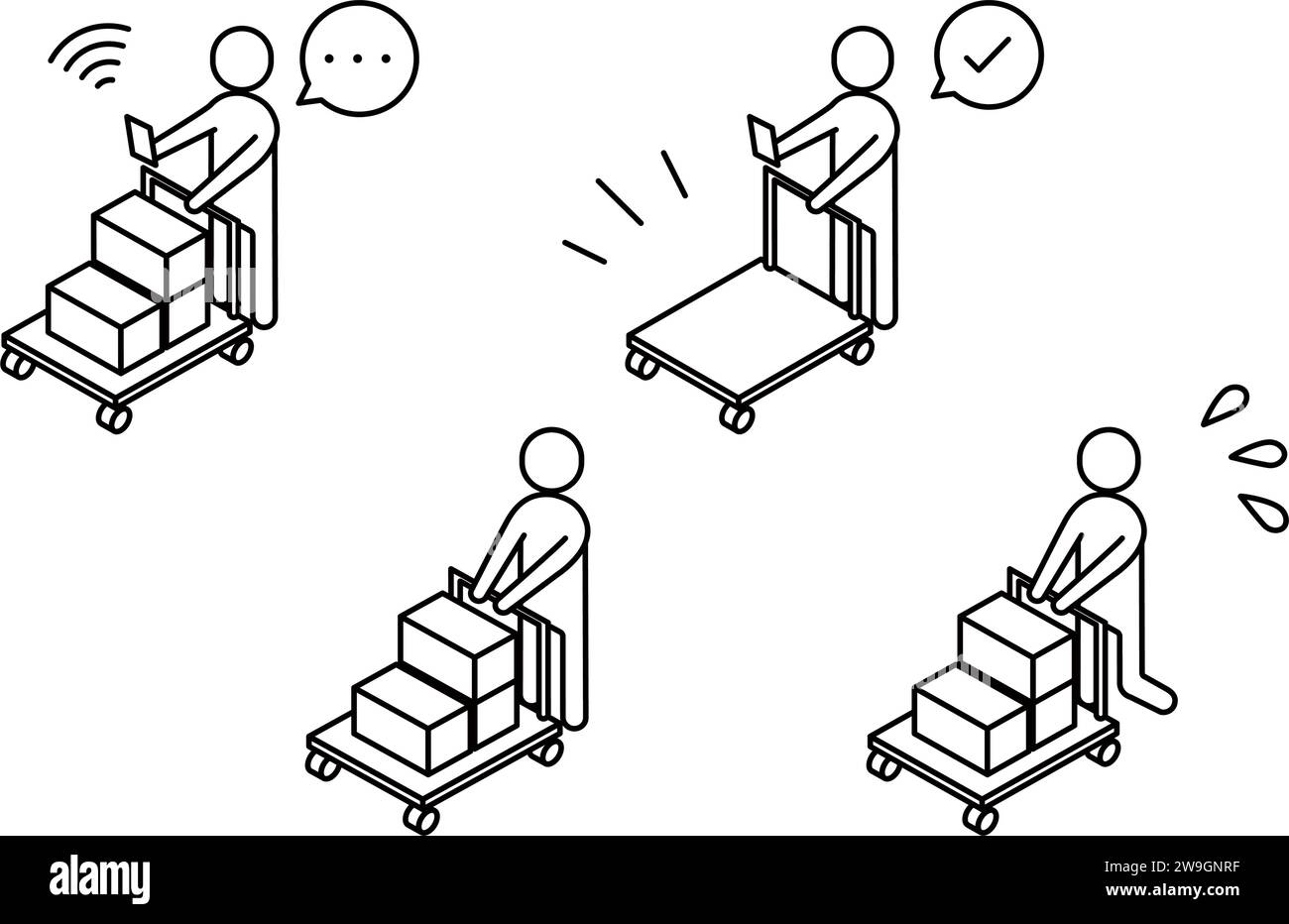 Simple line drawing of a person making a delivery using a cart, DX, IT ...