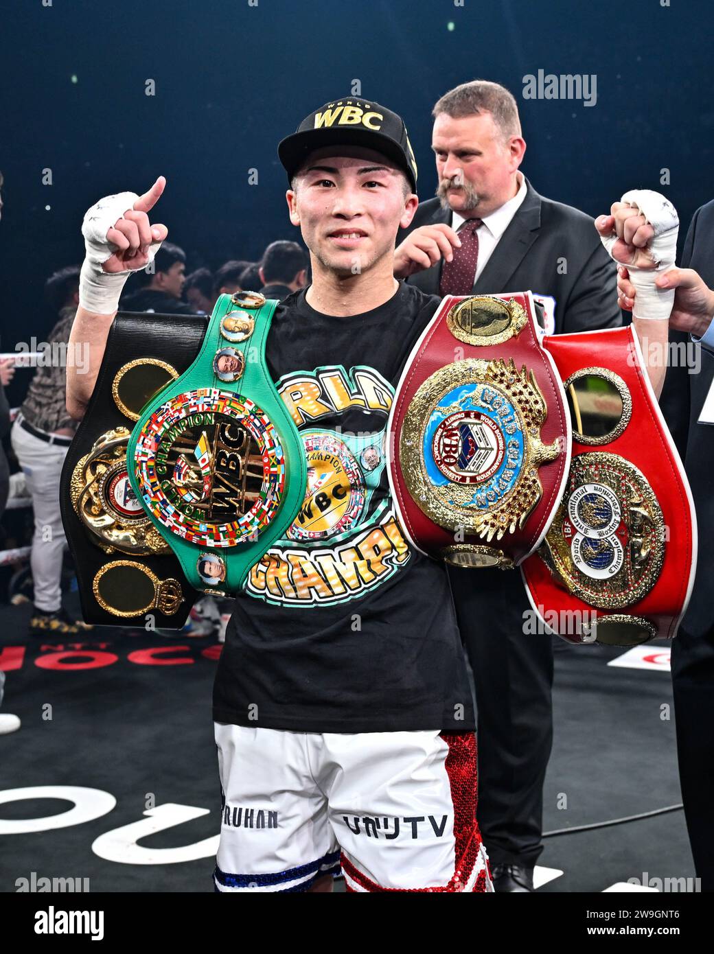 WBC and WBO super bantamweight champion Naoya Inoue of Japan celebrates ...