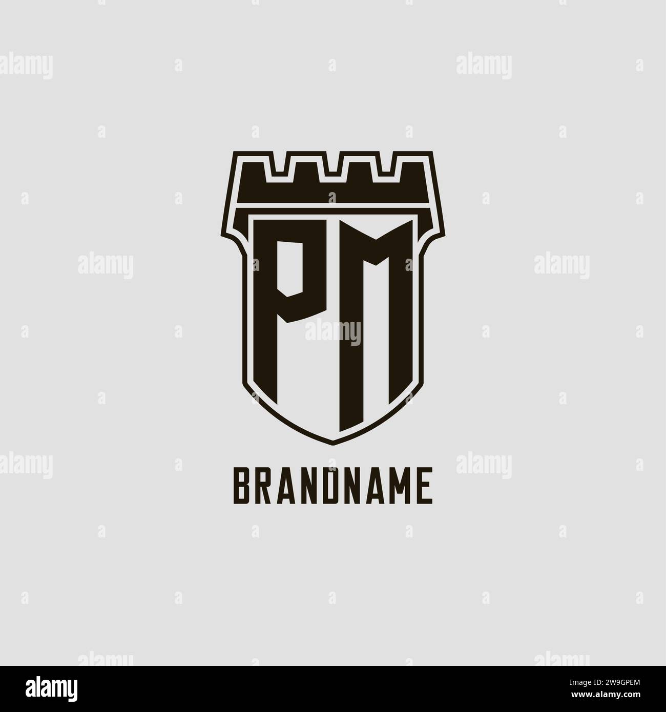Monogram PM with shield fortress logo design style vector graphic Stock ...