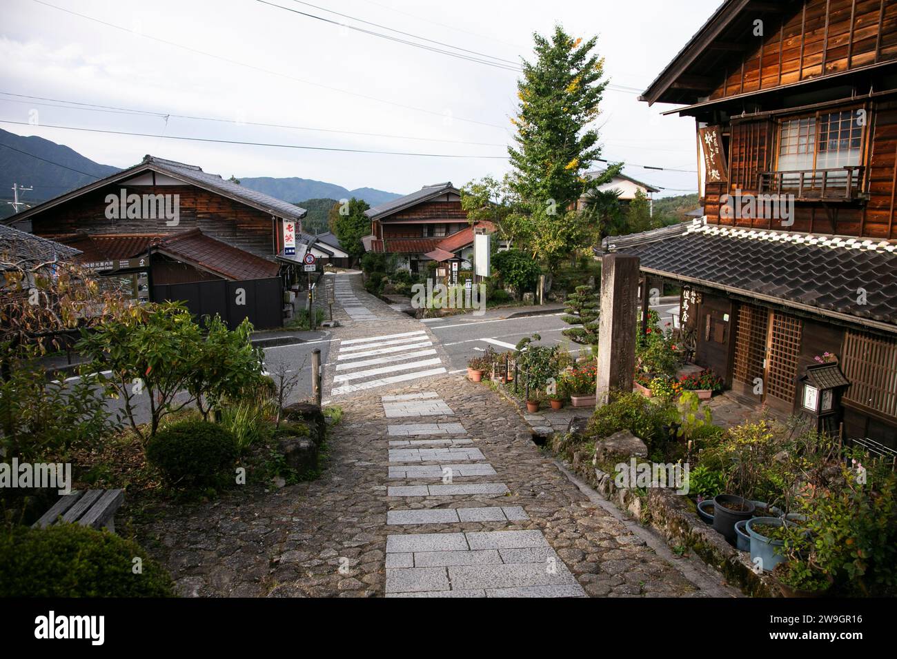 Streets and traditional Japanese houses at Magome Juku town along the ...