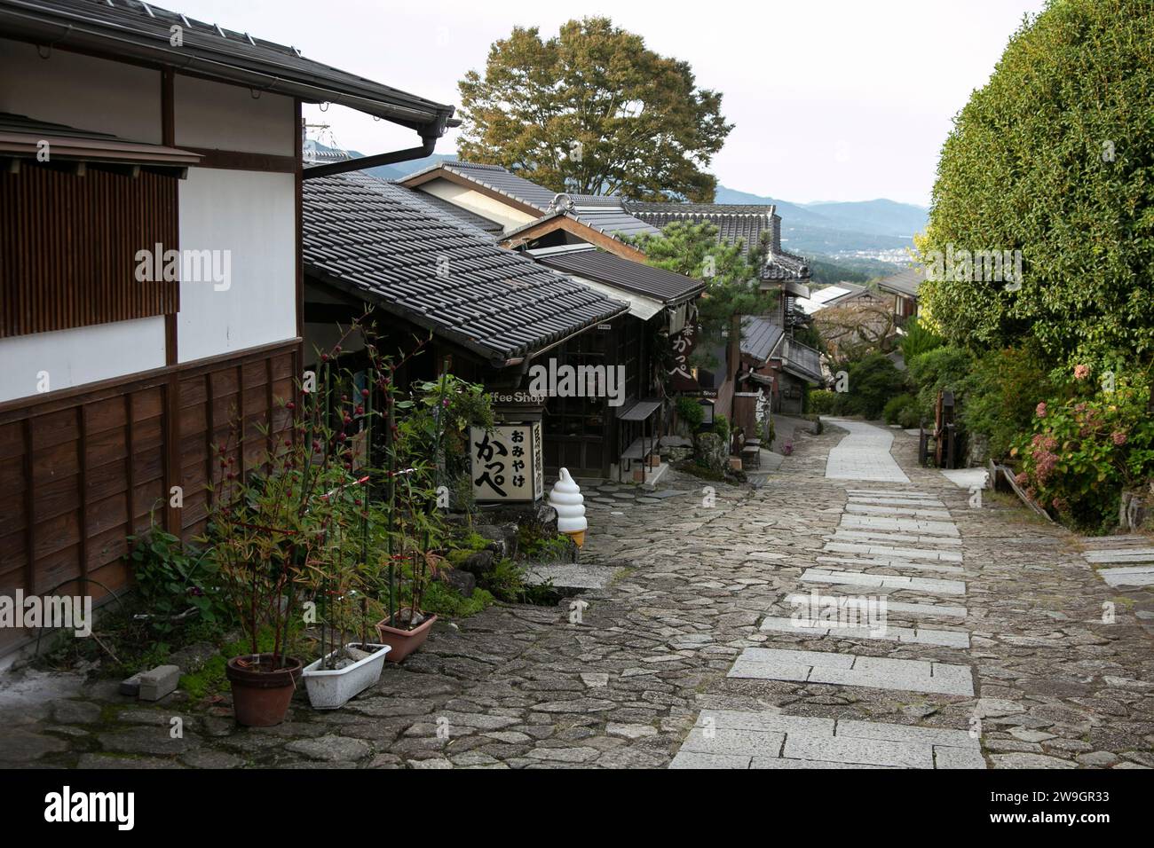 Streets and traditional Japanese houses at Magome Juku town along the ...