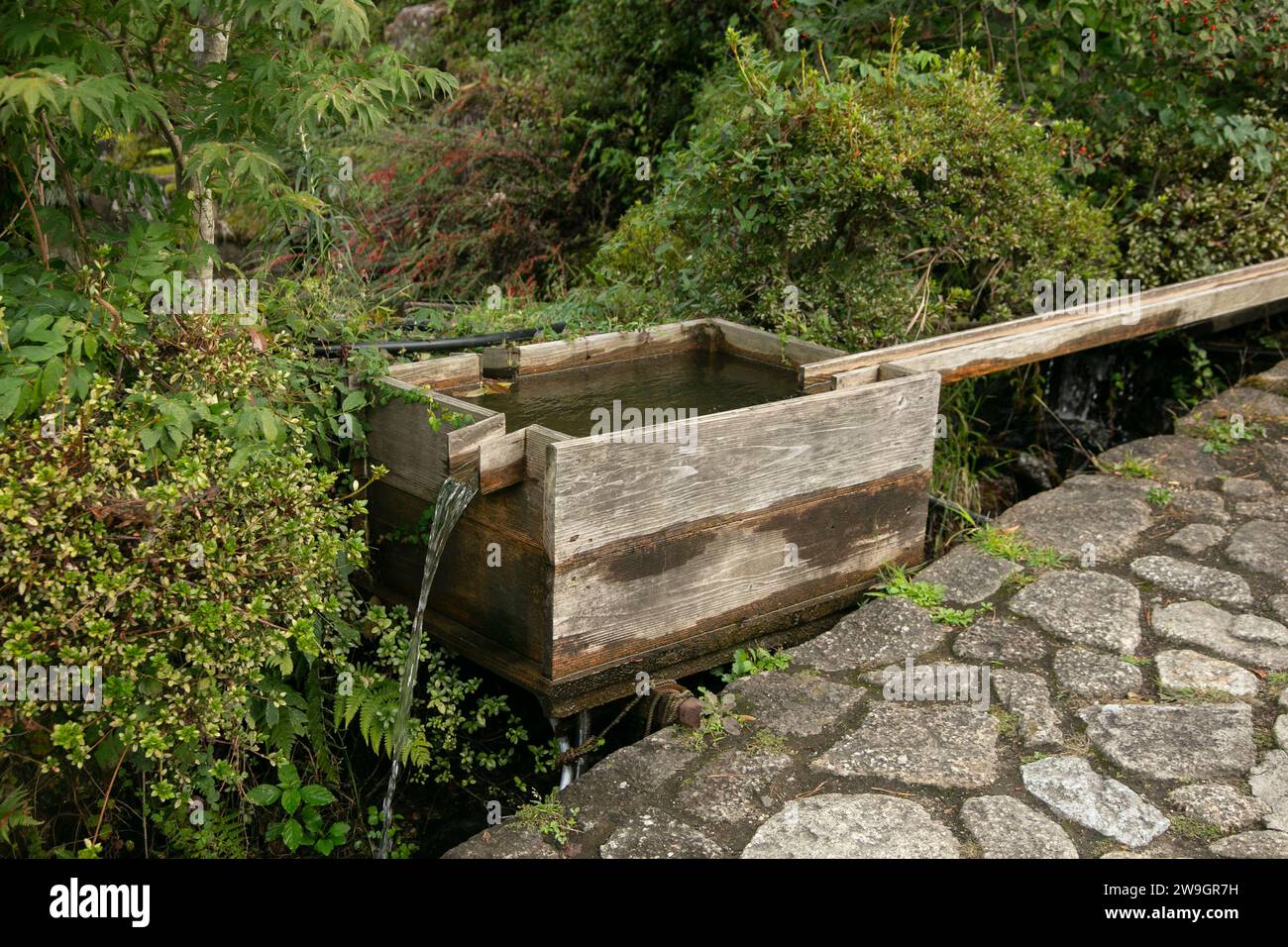 Wooden construction to channel water in the town of Magome in Japan ...