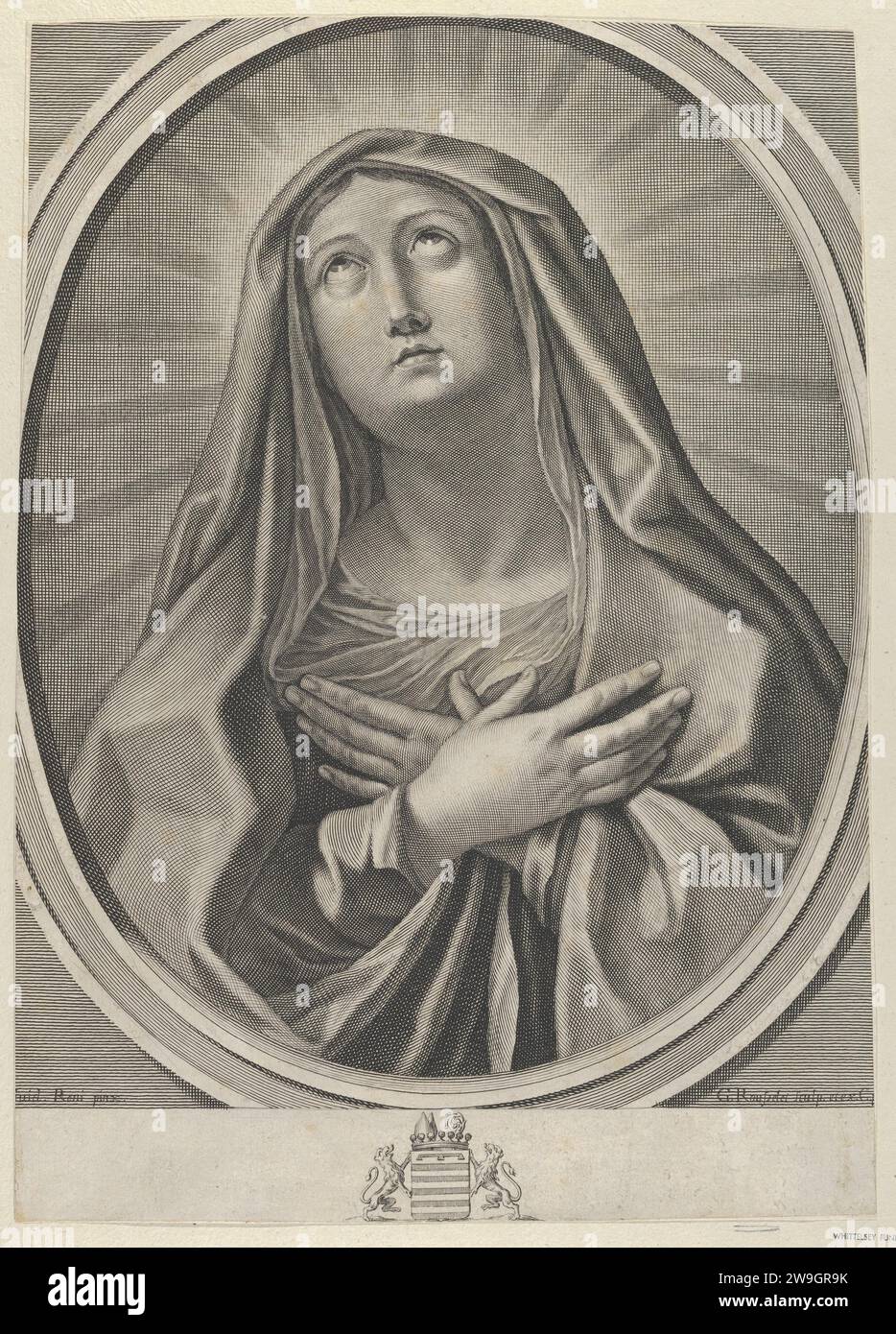 The Virgin with arms crossed over her chest, looking up to the left, in ...