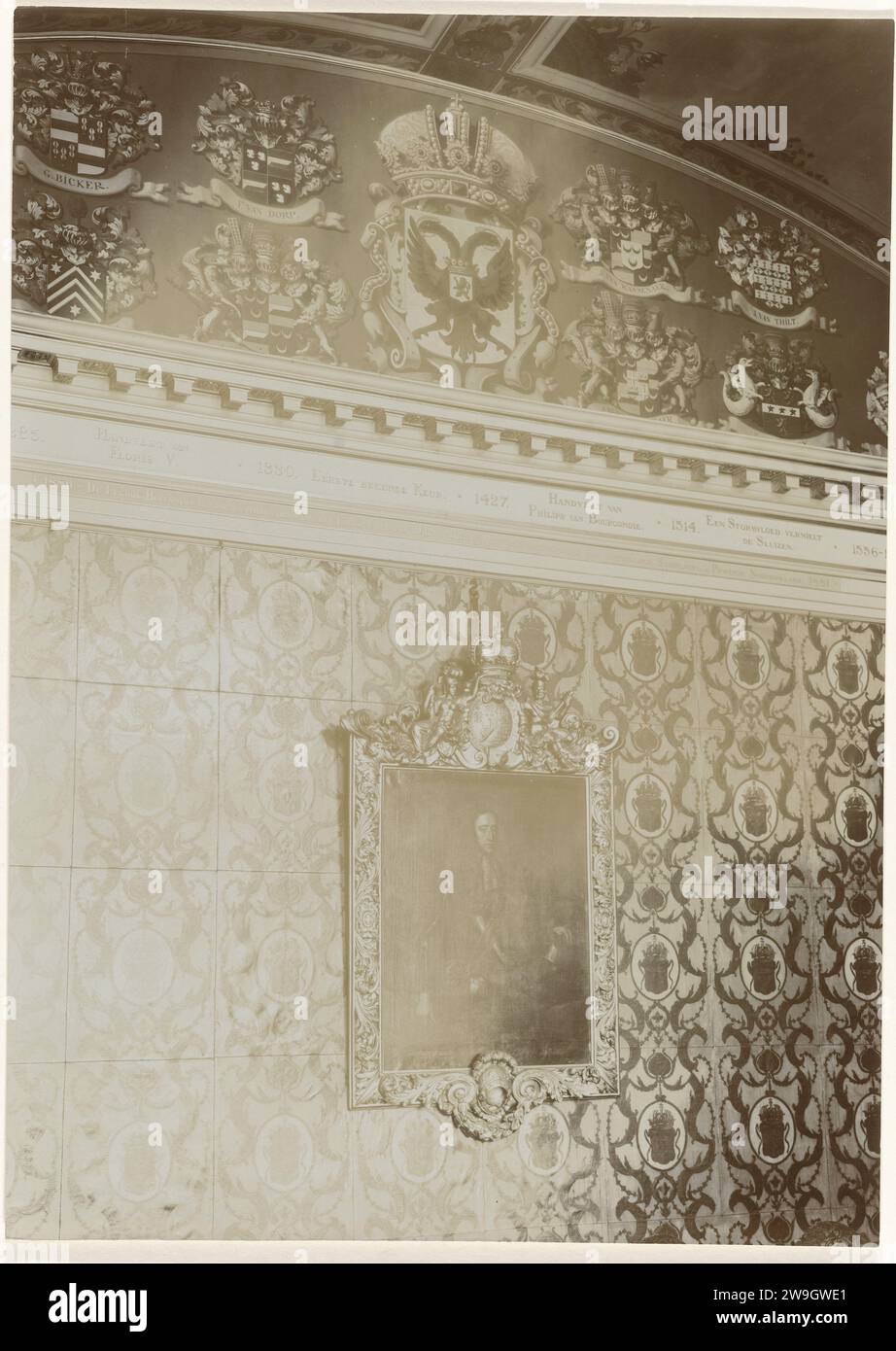 Painted portrait of a man on a wall with gold leather in the ...