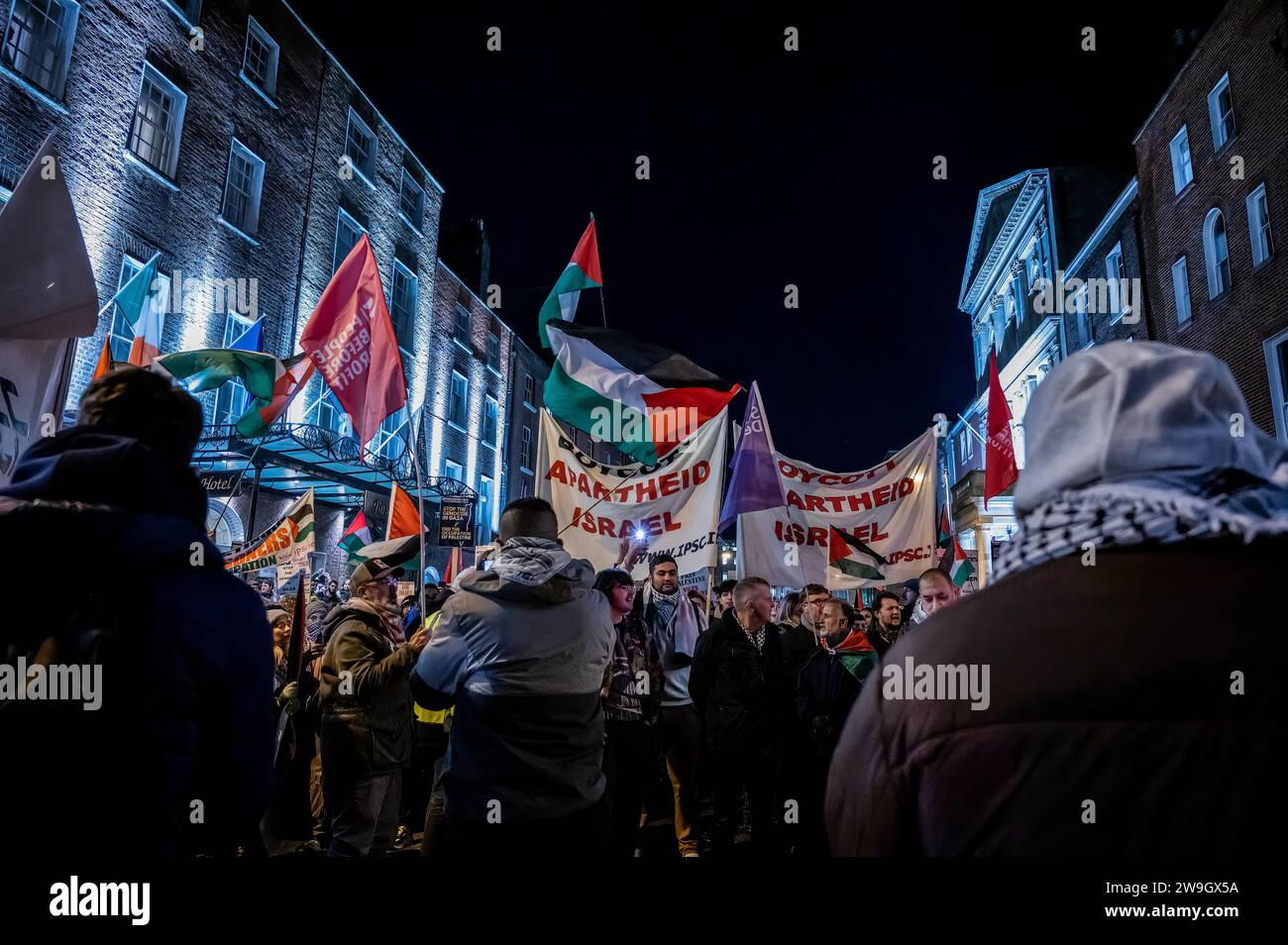Dublin, Ireland. 15th Nov, 2023. A crowd of protesters holds flags and ...