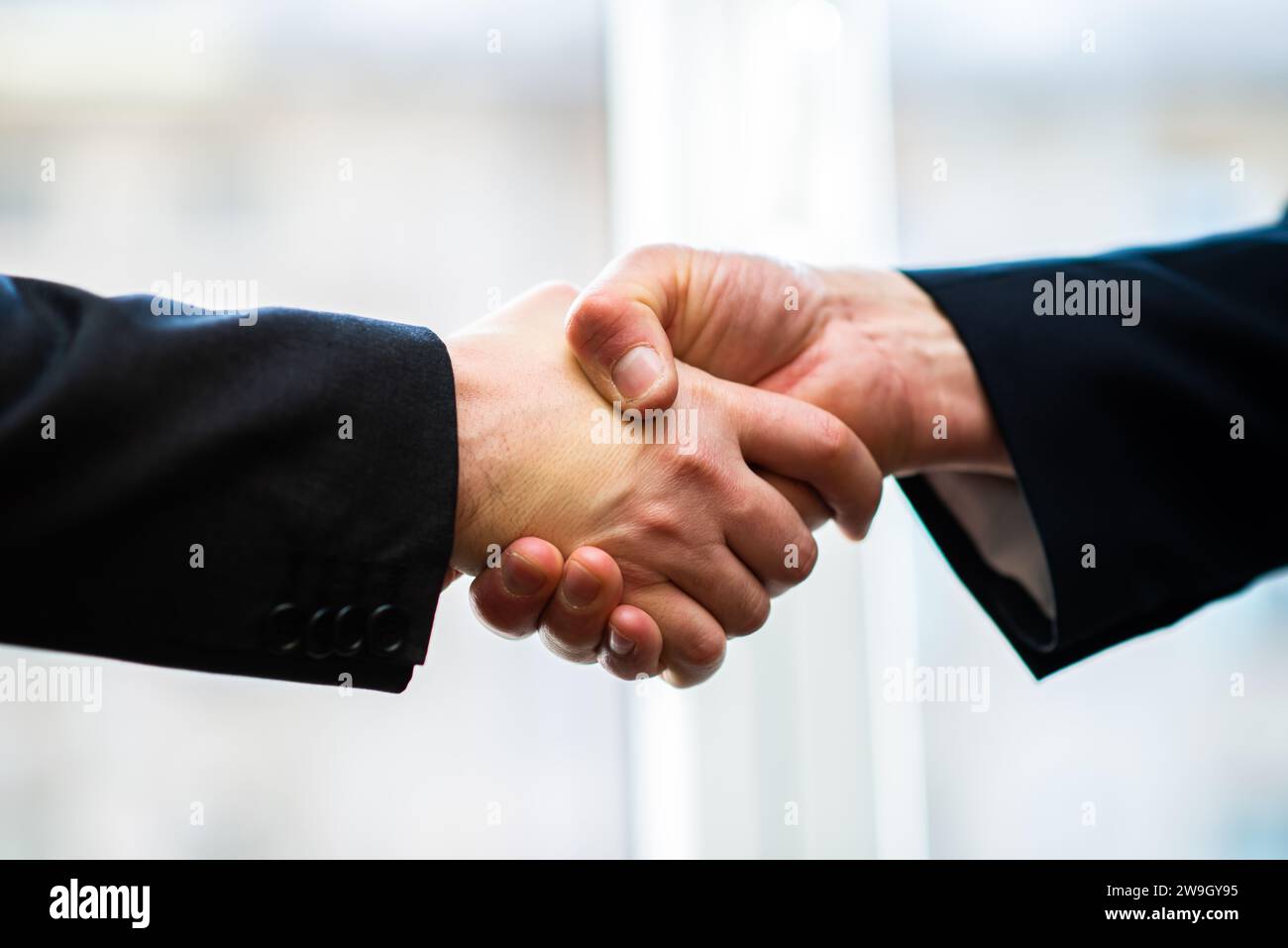 Closeup image of a firm handshake standing for a trusted partnership ...