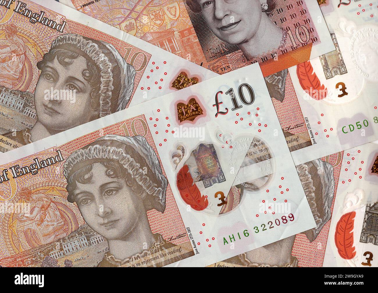 Close up of ten pound notes from the United Kingdom/Great Britain on a ...