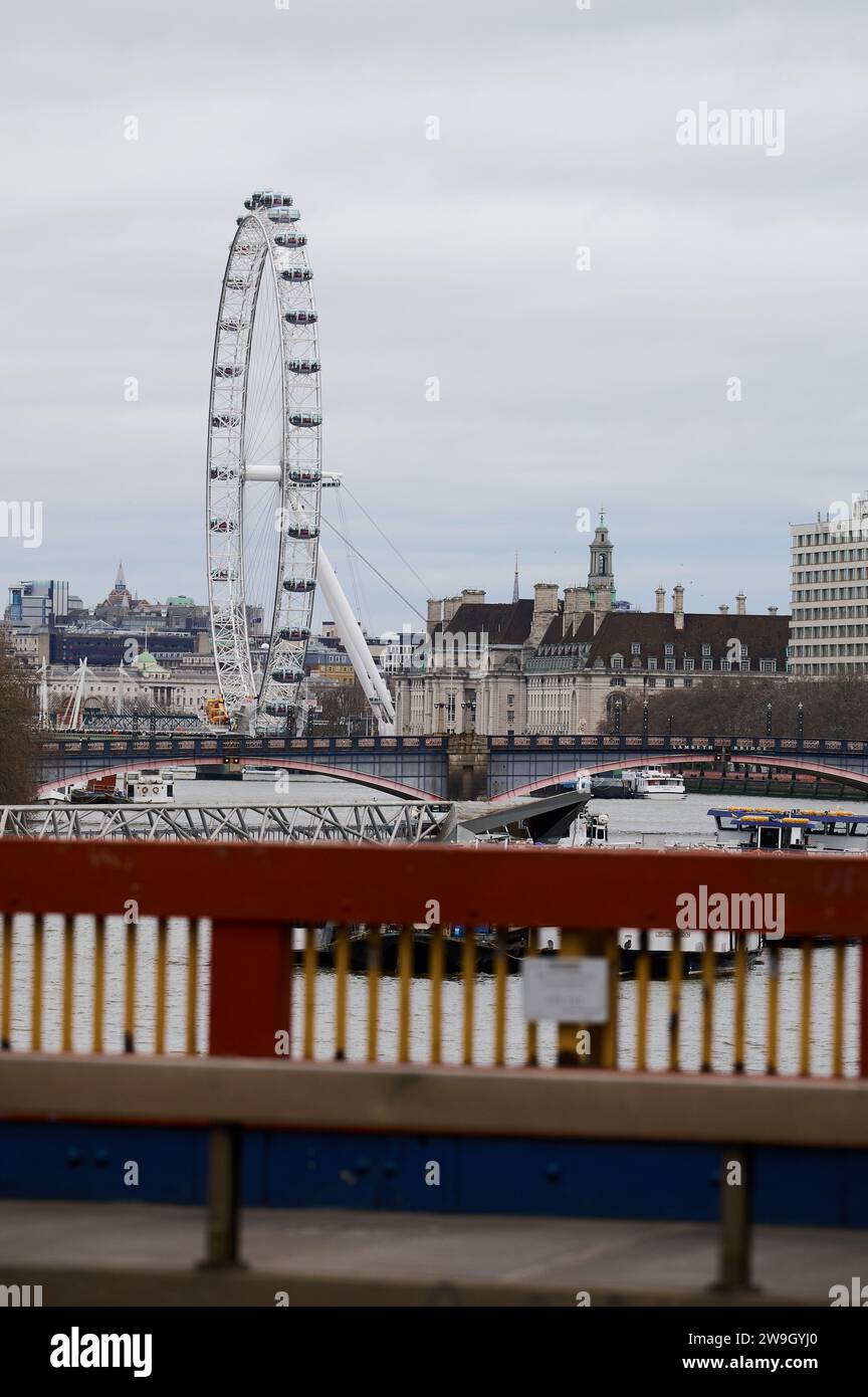 LondonUK - 24 Dec 2023: View from bridge down the river thames london ...