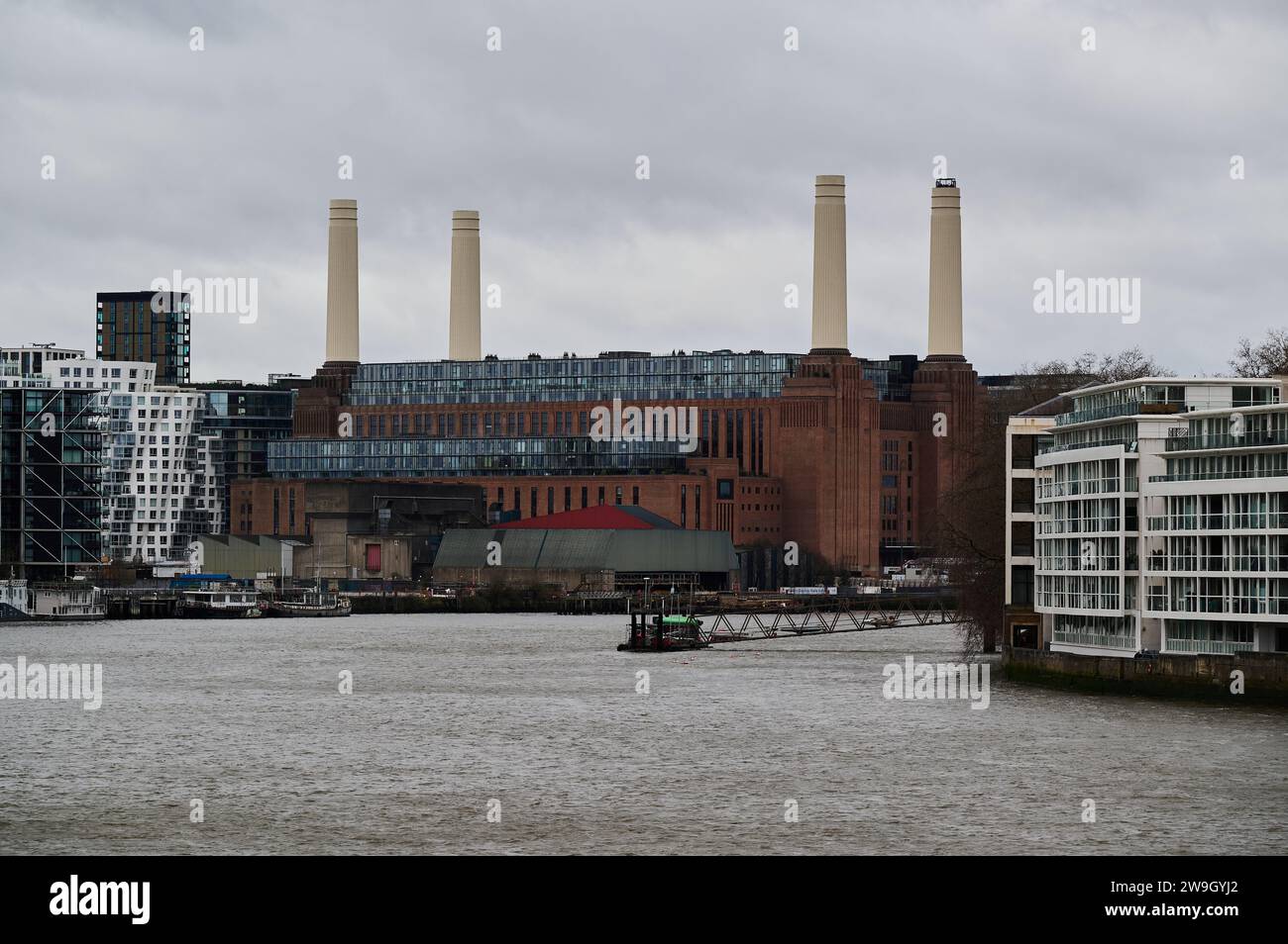 London, UK - 24 Dec 2023. Battersea Power Station over the River Thames ...