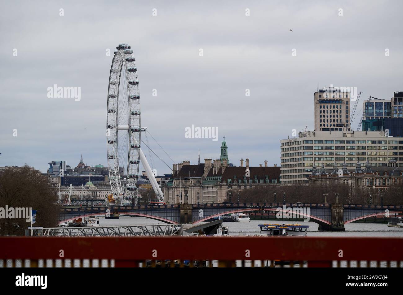 LondonUK - 24 Dec 2023: View from bridge down the river thames london ...
