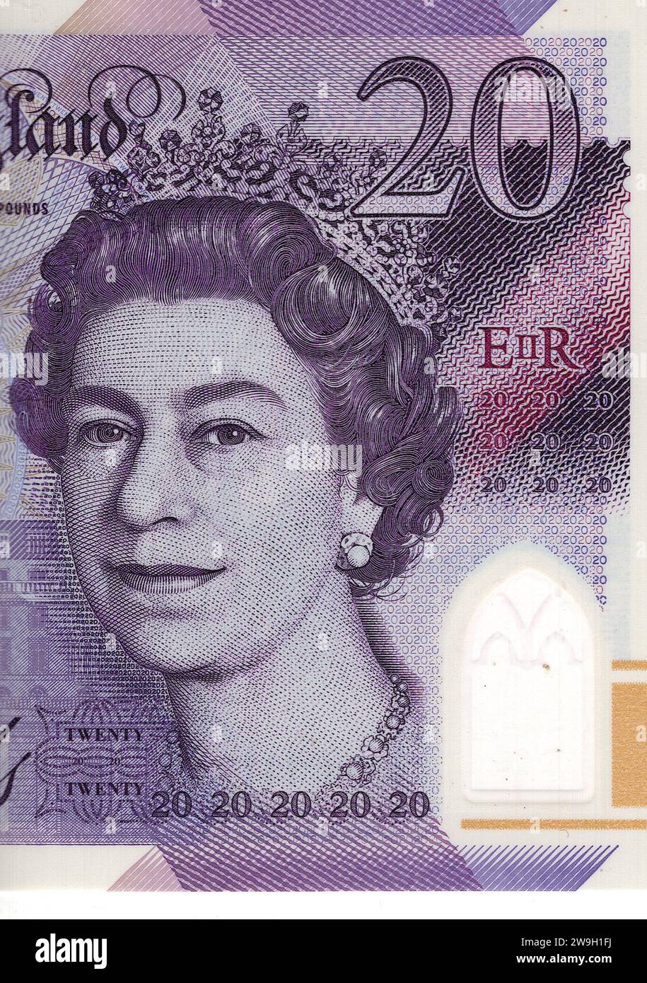 Close up of a £20 banknote featuring a portrait of Queen Elizabeth II ...