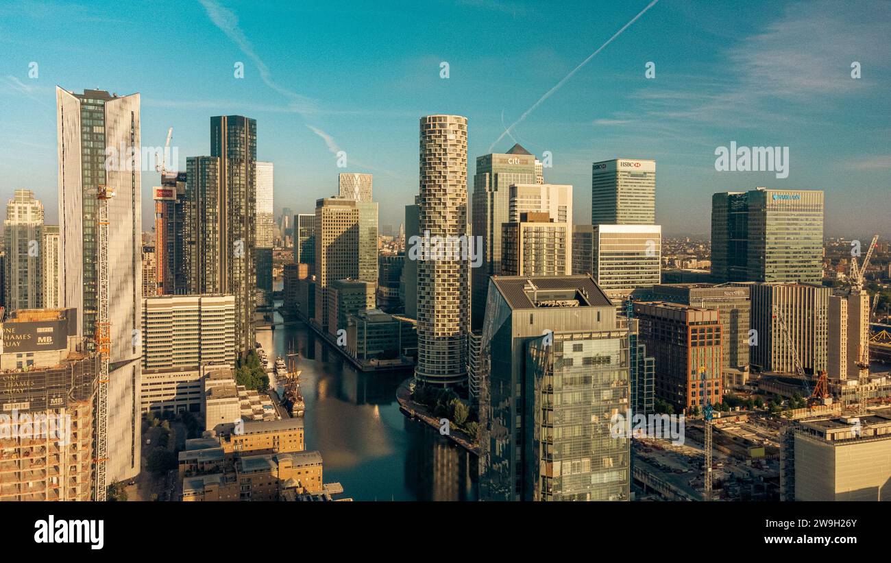 A gorgeous aerial view of a bustling city skyline, seen from a ...