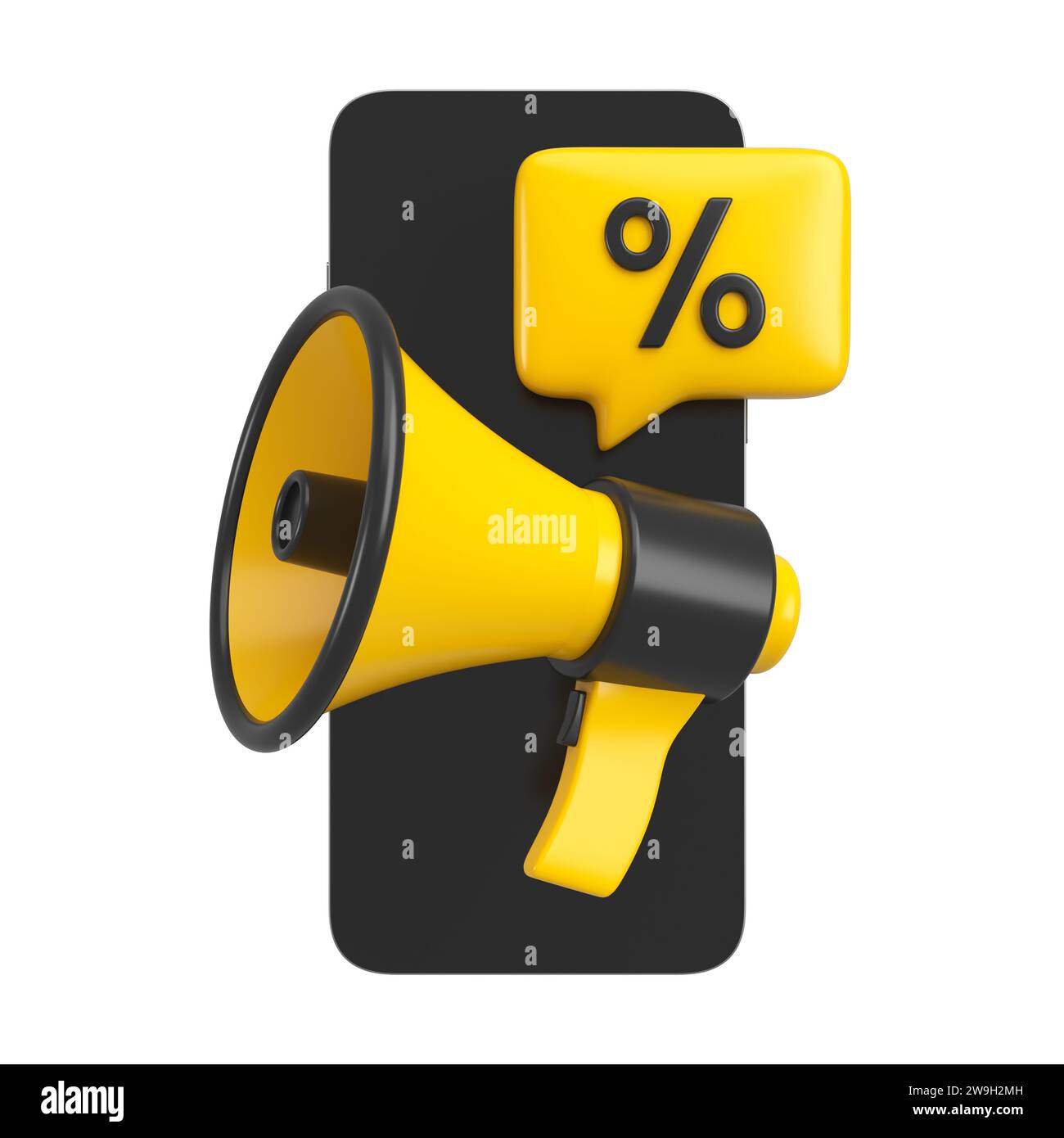 Yellow and black megaphone with percent offer promotion message bubble ...