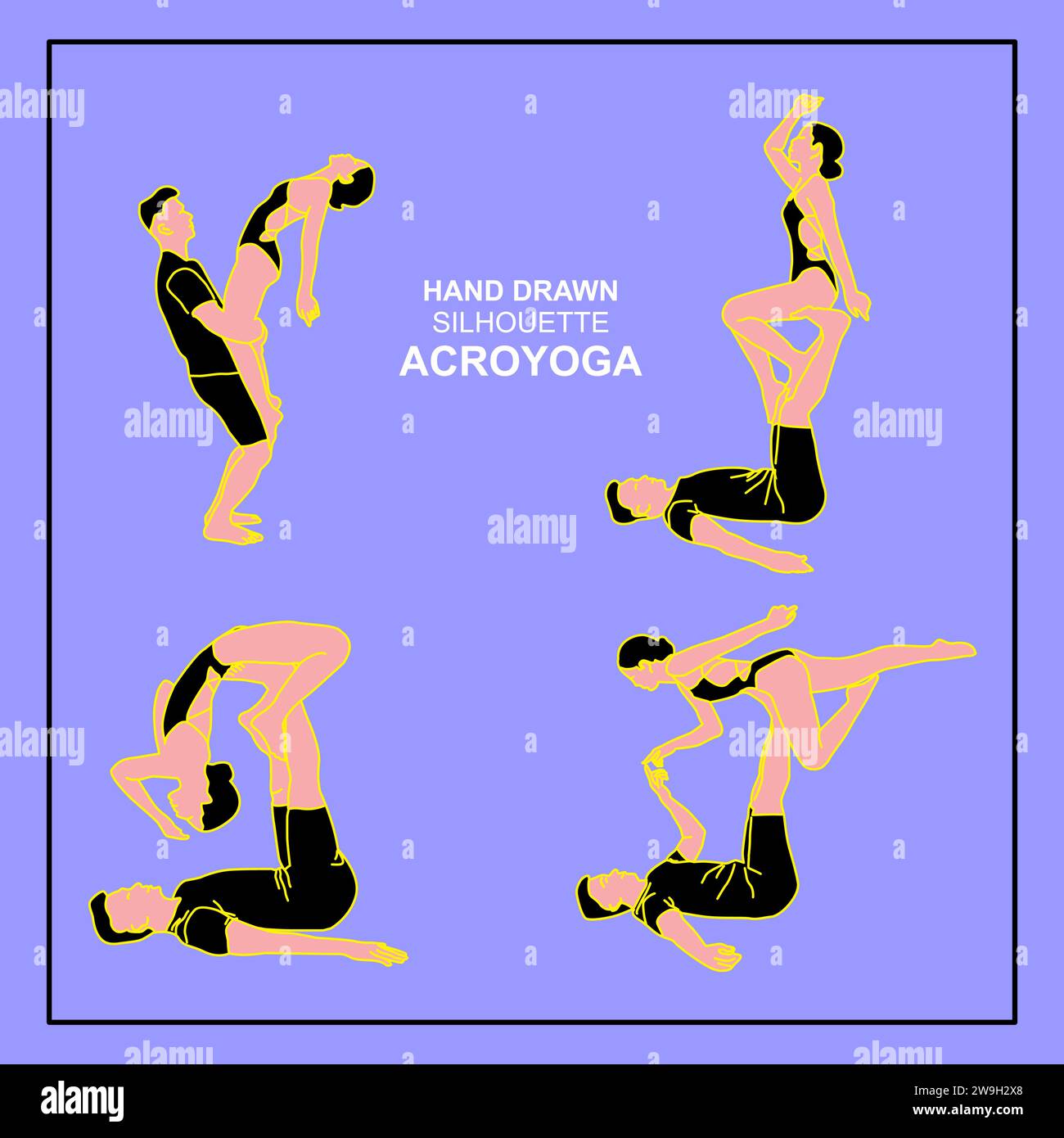 hand drawn Acroyoga man and woman silhouette, Couple practicing ...