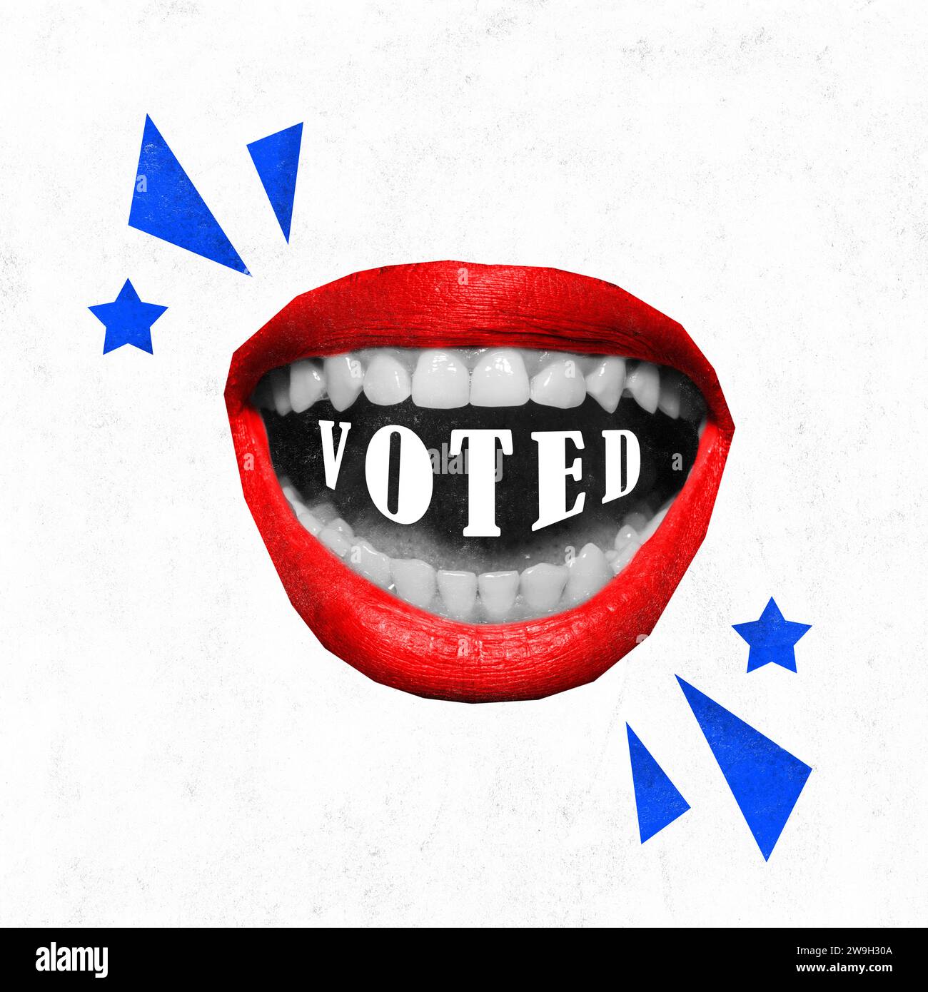 Contemporary art collage. Mouth with word voted written across lips and ...