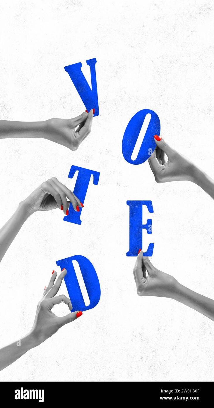 Contemporary art collage. Group of people, monochrome hands holding up ...