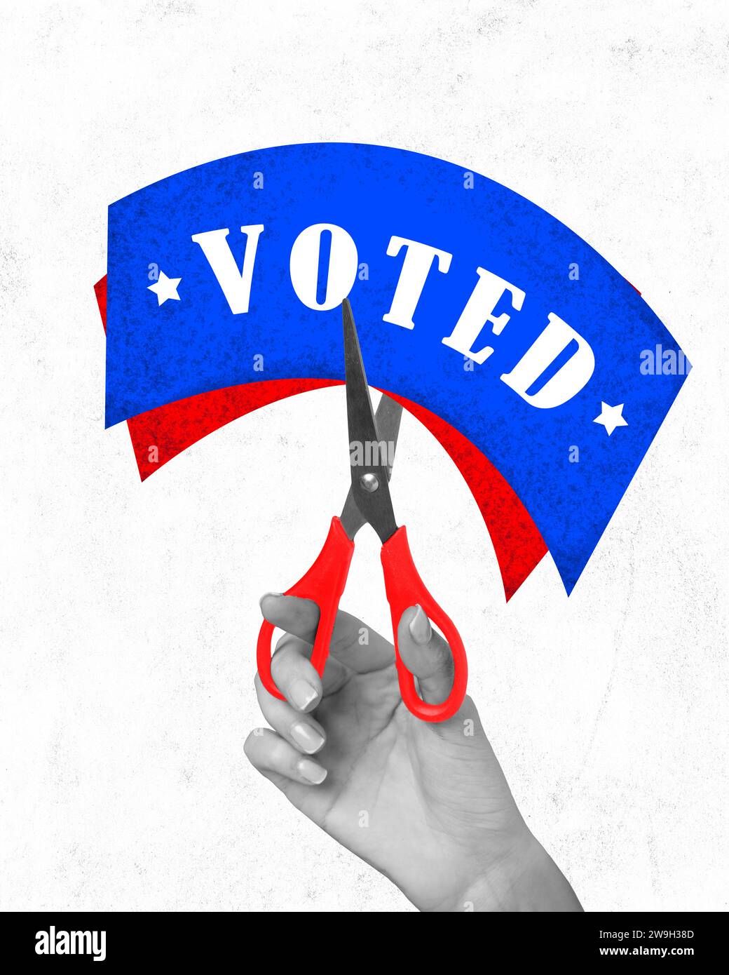 Contemporary art collage. Hand holding a pair of scissors cutting a red ...