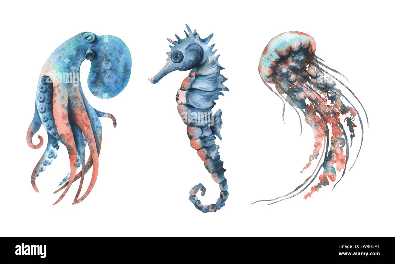 Underwater world clipart with sea animals octopus, seahorse, jellyfish ...