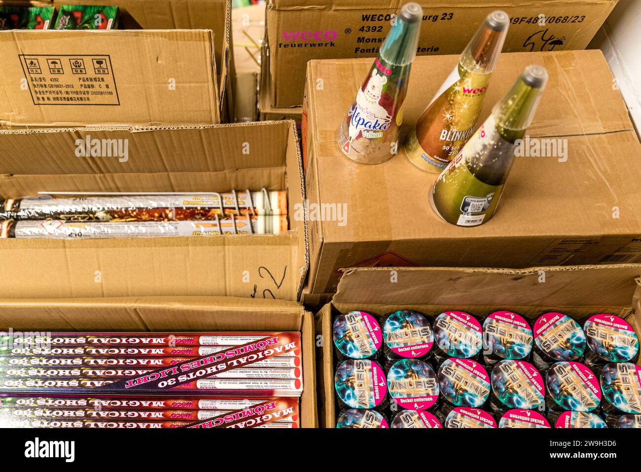 Cottbus, Germany. 28th Dec, 2023. Various fireworks are on display in a ...