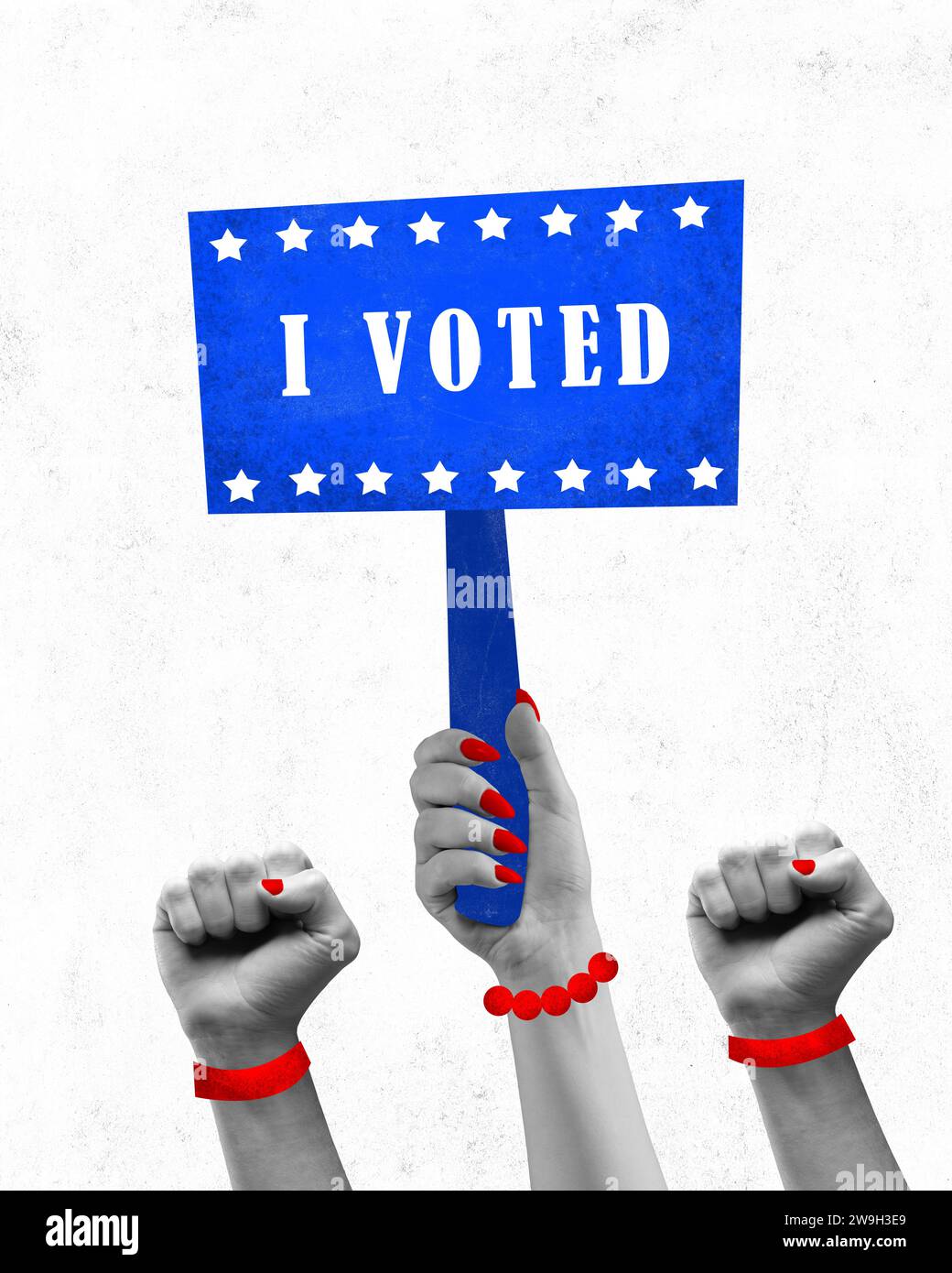 Contemporary art collage. Three women's monochrome hands holding blue ...