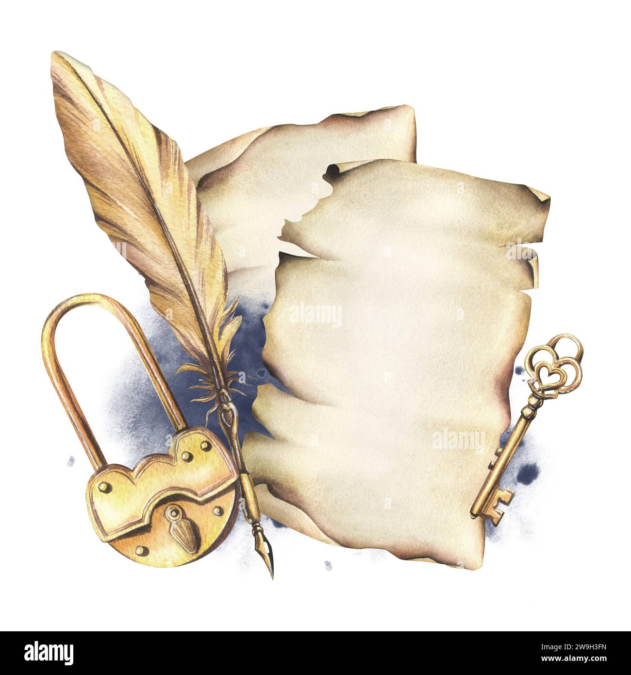 Sheets of old papyrus paper with uneven edges, a gold writing pen and a ...